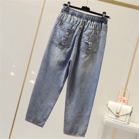 กางเกงยีนขายาว แบบหนา ทรงหลวม แต่งรอยขาด พลัสไซซ์ แฟชั่นฤดูร้อน สําหรับสตรี 2020 Ruoxikeji Th