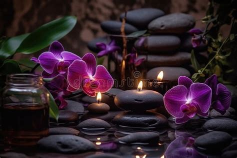 Spa Still Life With Orchids Stones And Candles Stock Illustration