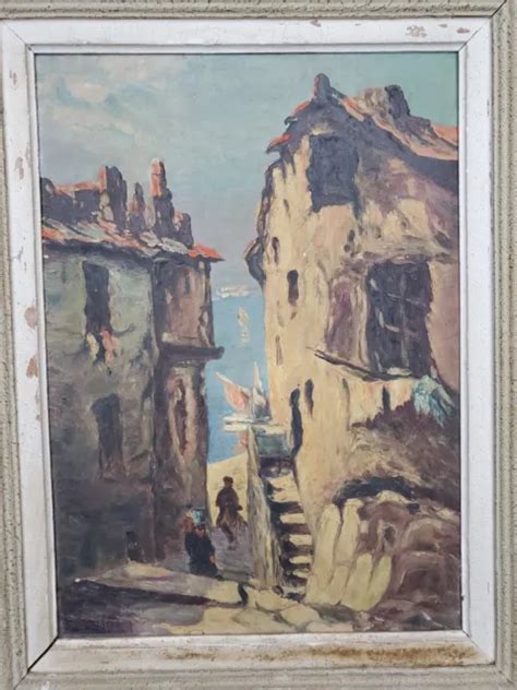 TABLEAU ANCIEN HUILE sur carton ville village bord de mer signé EUR PicClick IT
