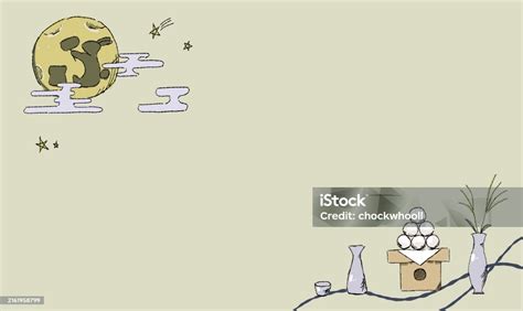 별이 빛나는 달을 보는 배경의 그림 토끼가 떡을 두드리는 모습 펜 드로잉 스타일의 핸드 드로잉 터치 달빛에 토끼의 그림자