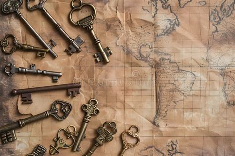 flat lay of vintage keys arranged on old map stock illustration