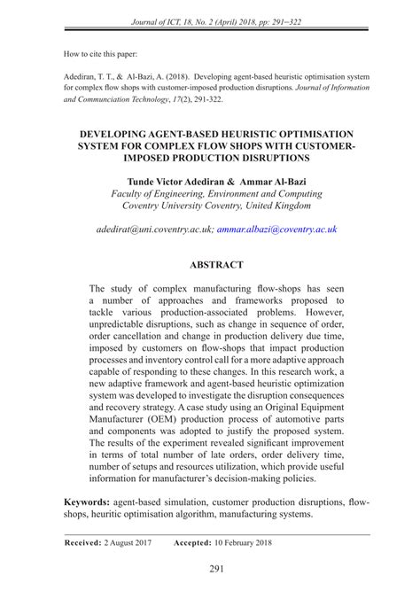 Pdf Developing Agent Based Heuristic Optimisation System For Complex Flow Shops With Customer