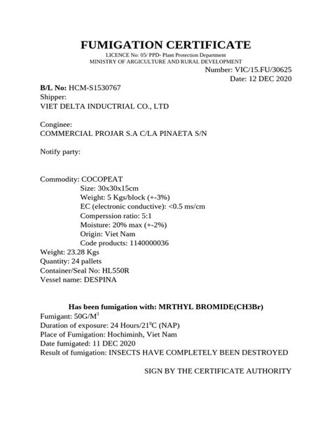 Fumigation Certificate Pdf