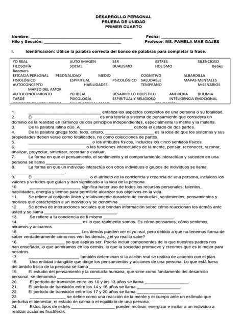 Prueba Unitaria De Desarrollo Personal Respuesta Pdf Mente