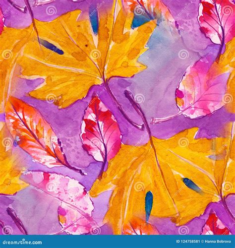 Hand Painted Seamless Pattern Watercolour Autumn Leaves Beautiful