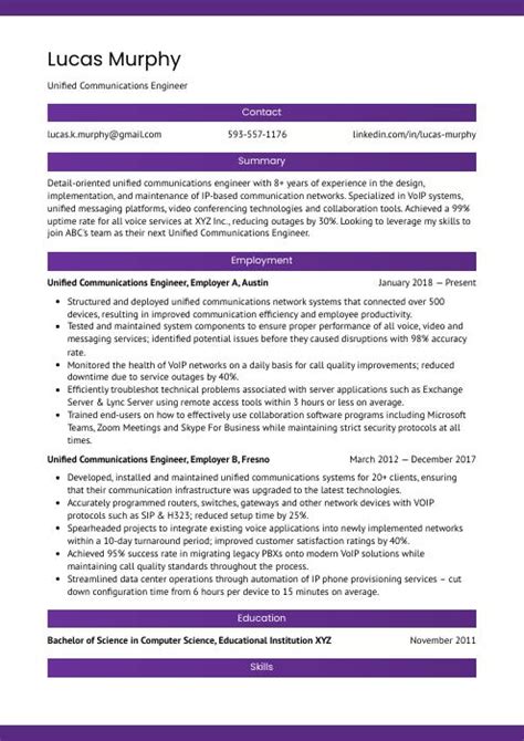 Unified Communications Engineer Resume Cv Example And Writing Guide