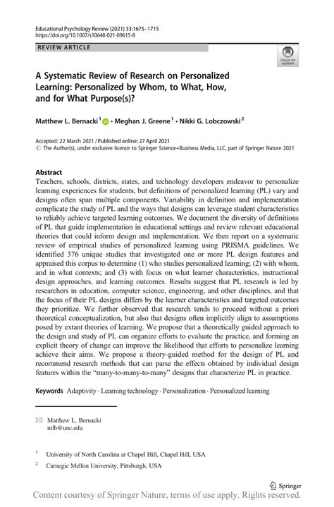 A Systematic Review Of Research On Personalized Learning Personalized By Whom To What How