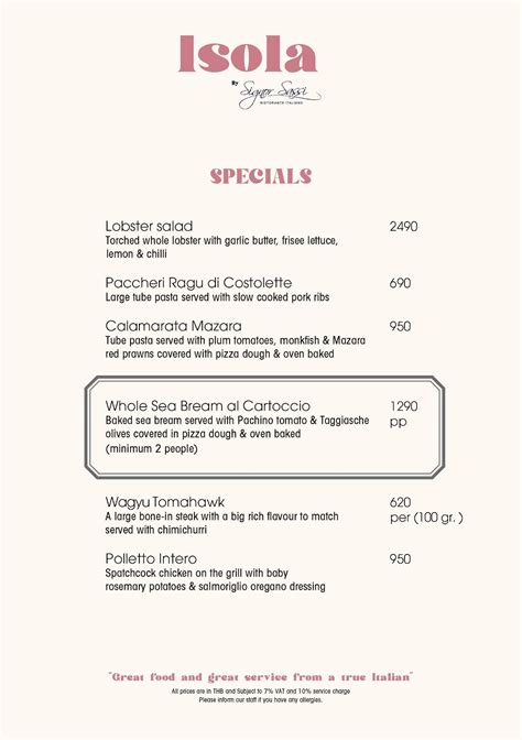 Menu At Isola By Signor Sassi Restaurant Bangkok