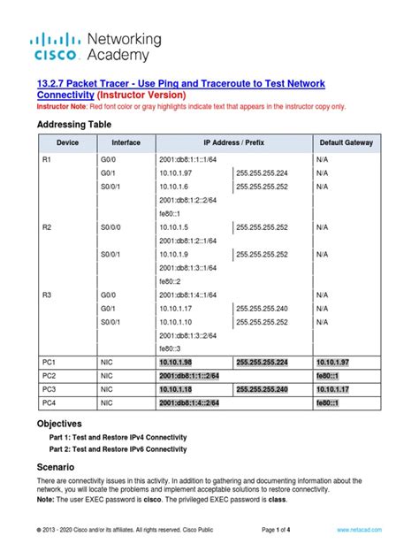 1327 Packet Tracer Use Ping And Traceroute To Test Network