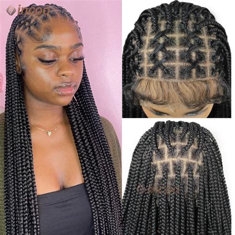 흑인 여성용 브레이드 위스 십자가 매듭 없는 브레이드 가발 레이스 가발 합성 레이스 정면 가발 박스 브레이드 가발 36인치 핸드폰닷컴