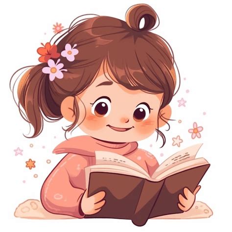 Premium Photo Cartoon Girl Reading A Book With A Flower In Her Hair
