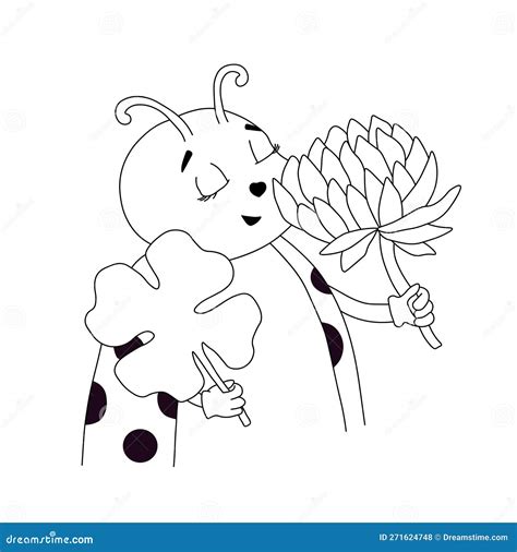 Outline Of Happy Ladybug With Clover Leaf Sniffs Clover Flower Vector