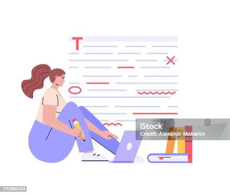 텍스트로 문서 편집 빨간색 마커로 문법 오류 수정 교사는 페이지 텍스트 오류를 수정합니다 교정 스크립트의 개념 문법 편집 실수 수정 벡터 평면 만화 그림 감수에 대한 스톡