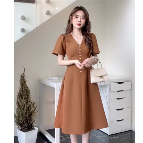 Váy đầm cổ V thiết kế khuy cúc thanh lịch đi chơi đi làm đi tiệc U M V605 Shopee Việt Nam