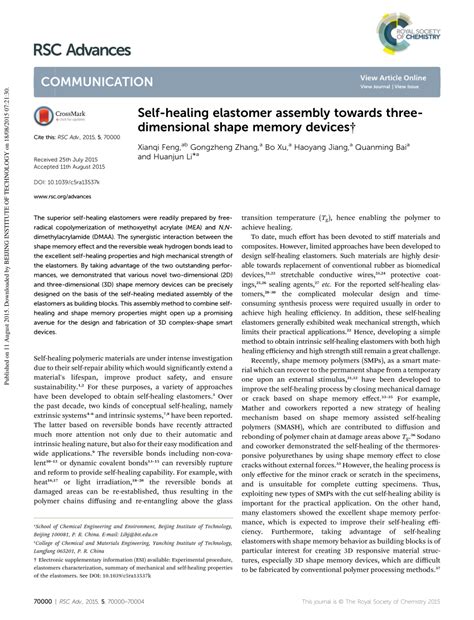 Pdf Self Healing Elastomers Assembly Towards Three Dimensional Shape Memory Devices