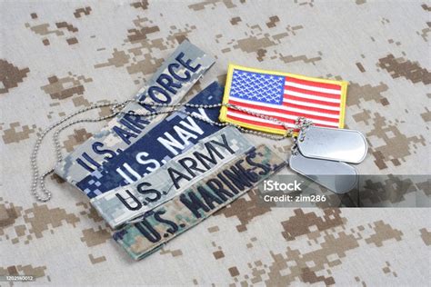 위장 유니폼에 분기 테이프와 개 태그와 미국 군사 개념 Armed Forces Day에 대한 스톡 사진 및 기타 이미지