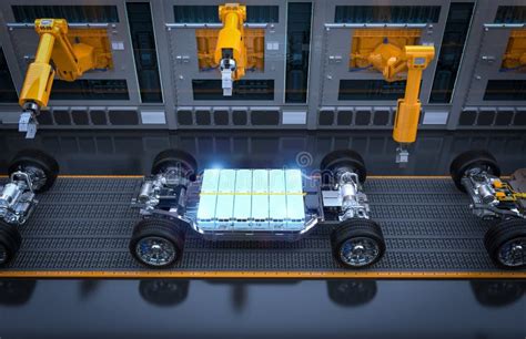 Robot Assembly Line With Glowing Ev Car Battery On Undercarriage Platform Stock Illustration