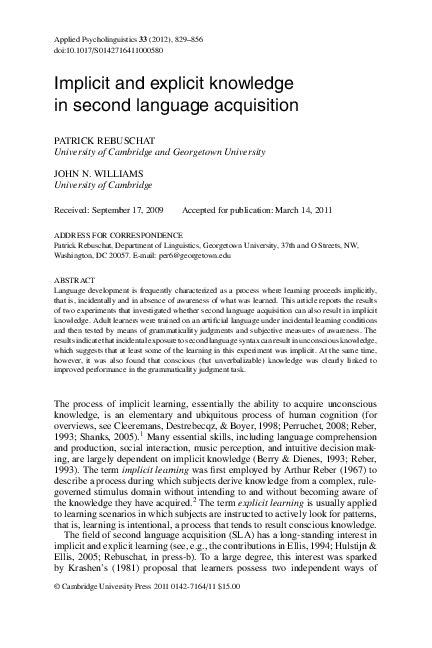 Pdf Implicit And Explicit Knowledge In Second Language Acquisition
