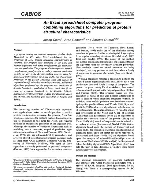 Pdf An Excel Spreadsheet Computer Program Combining Algorithms For Prediction Of Protein