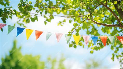 Premium Ai Image Colorful Pennant String Decoration In Tree