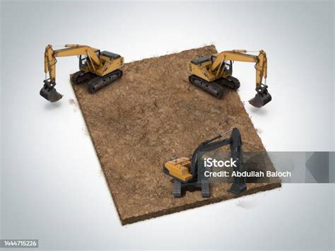 건설 현장에서 굴삭기의 등각 투영 보기 3d 그림 건설 현장 건설 현장에서 토공 도로 공사에서 중장비 이동 굴삭기 작업 그룹 등측투영법에 대한 스톡 사진 및 기타 이미지