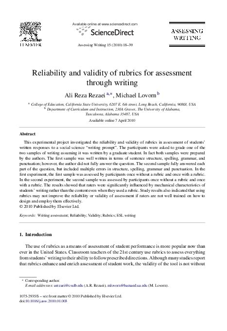 pdf reliability and validity of rubrics for assessment through writing