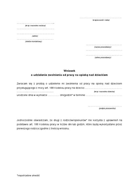 Wniosek O Dni Wolne Na Opiekę Nad Dzieckiem Pdf