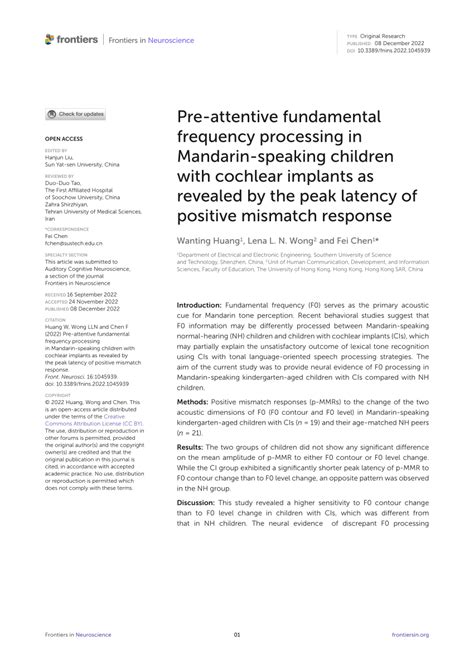 Pdf Pre Attentive Fundamental Frequency Processing In Mandarin