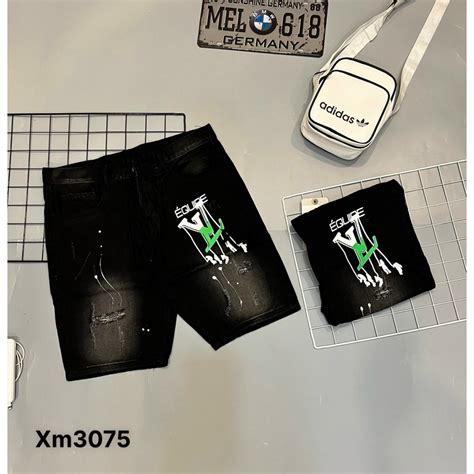 Mua Quần Short Jean Nam Vải Denim Rách Form Có Khóa Kéo Thêu Logo Lv
