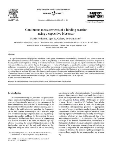 Pdf Continuous Measurements Of A Binding Reaction Using A Capacitive