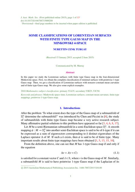 Pdf Some Classifications Of Lorentzian Surfaces With Finite Type