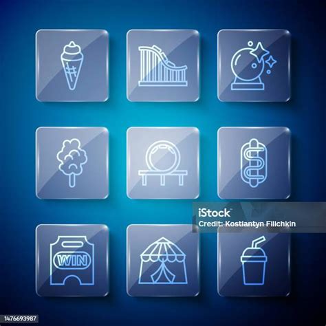 세트 라인 서커스 티켓 텐트 물이 든 종이 유리 매직 볼 롤러 코스터 솜사탕 와플 콘의 아이스크림 및 핫도그 샌드위치 아이콘 벡터 결정체에 대한 스톡 벡터 아트 및 기타