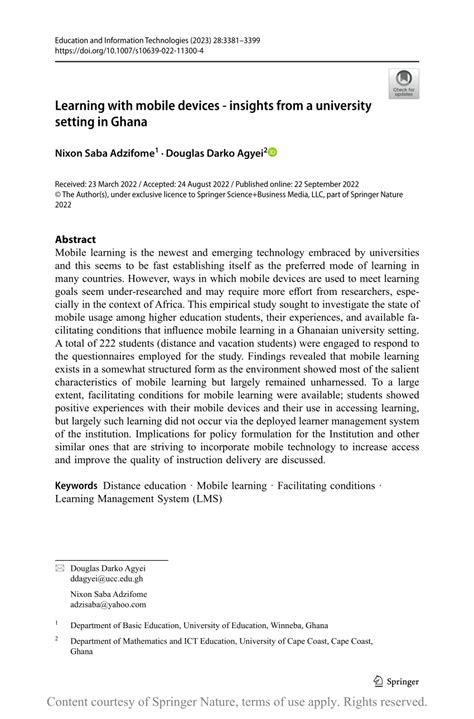 Learning With Mobile Devices Insights From A University Setting In Ghana Request Pdf