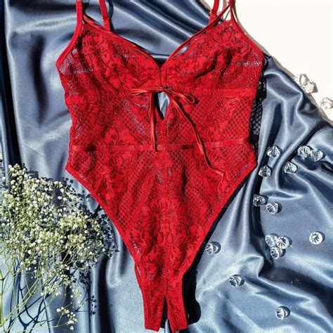 Lacy Caged Crotchless Teddy Red Mentionables