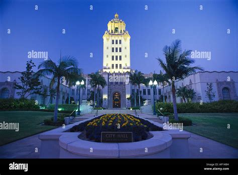 View At The Illuminated Town Hall At Night Beverly Hills Los Angeles
