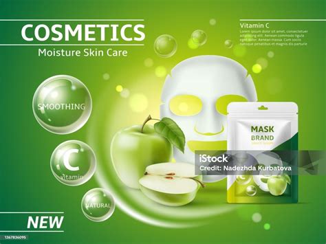 화장품 사과 페이스 마스크 포스터 사실적인 스킨케어 스무딩 제품 과일 산 박리 비타민 C 성분 보습 및 노화 방지 효과 광고 배너 벡터 개념 벡터에 대한 스톡 벡터 아트 및