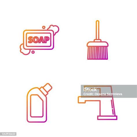 세트 라인 물 수돗물 액체 식기 세척 액체에 대한 플라스틱 병 거품과 손잡이 빗자루와 비누의 바 그라데이션 색상 아이콘입니다