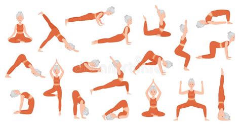 Set Of Poses Elderly Woman Yoga Chakra Yoga Asana Chakra Systems Of