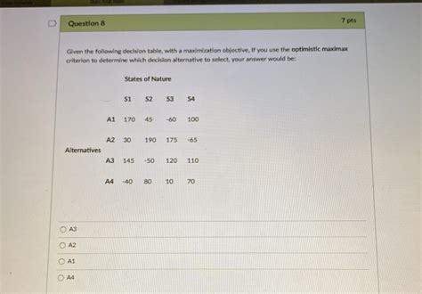 Solved Question 8 7 Pts Given The Following Decision Table