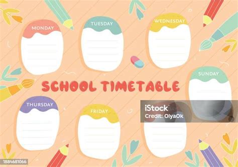학교 시간표 만화 스타일의 주간 수업 일정 벡터 학교 시간표 스케치 일정 교육 용품 도구 및 학생 학습 시간표 플래너 템플릿 인쇄 준비 완료 계획에 대한 스톡 벡터 아트 및