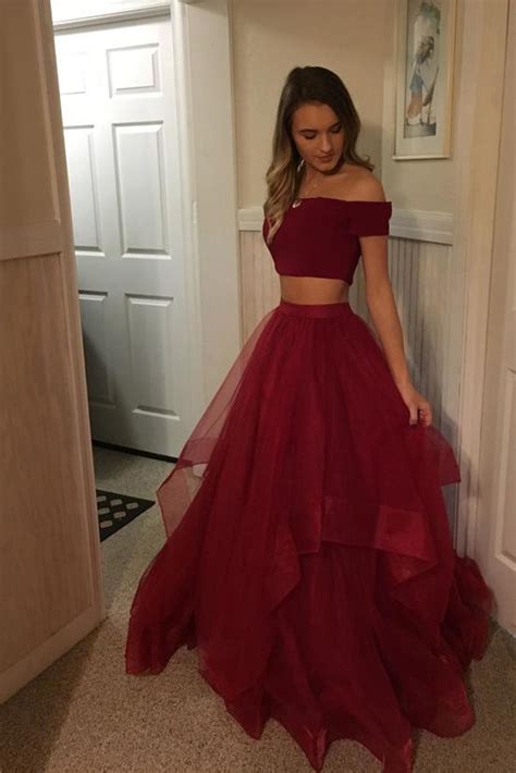 Red Two Pieces Tulle Off Shoulder Prom Dresses Cheap Long Party Gowns