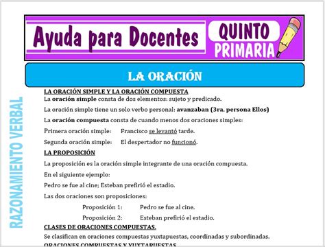Actividad De La Oraci N Para Quinto De Primaria Ayuda Para Docentes
