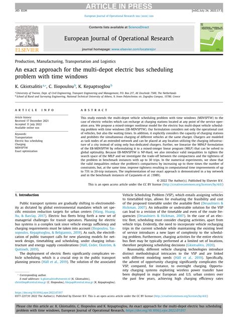 Pdf An Exact Approach For The Multi Depot Electric Bus Scheduling Problem With Time Windows