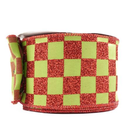 Ribbon Glitter Checks Lime And Red 2 Sizes Craftex
