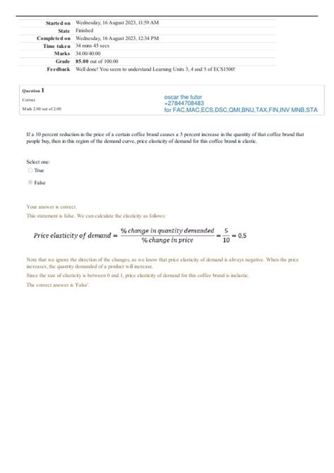 ECS1500 ASSESSMENT 2 SEM 1 0F 2024 EXPECTED QUESTIONS AND SOLUTIONS ECS1500 Economics 1500