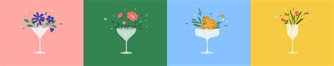꽃과 함께 마시는 와인 샴페인 또는 마티니 유리 안경의 꽃 벡터 일러스트 레이 션 세트 꽃 식물에 대한 스톡 벡터 아트 및 기타