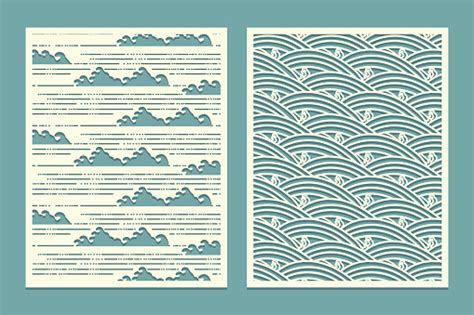 절단을 위한 템플릿을 설정합니다 패턴 해양 파도 동양 스타일 풍경 금속 절단 또는 나무 조각 패널 디자인 프렛 워크 용 스텐실 종이 아트 카드 배경 또는 실내 장식 가리기에