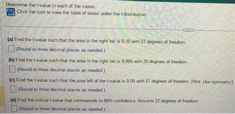 Solved Determine The T Value In Each Of The Cases Click The Chegg Com