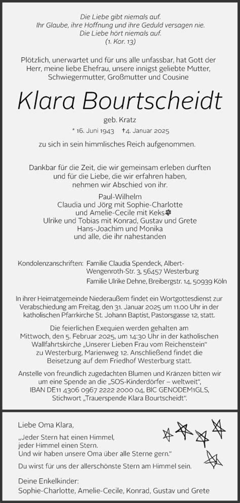 Traueranzeigen Von Klara Bourtscheidt WirTrauern