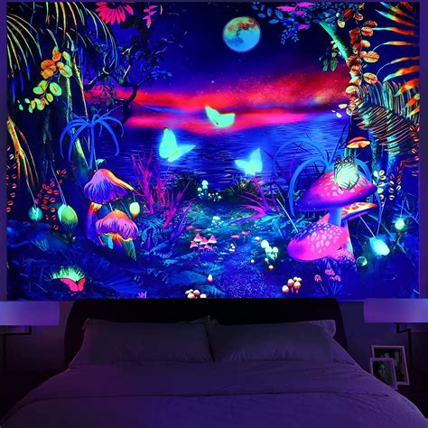 Honeydec Blacklight Fantasy Forest Tapestry Boho Aesthetic Mushroom Tapestries